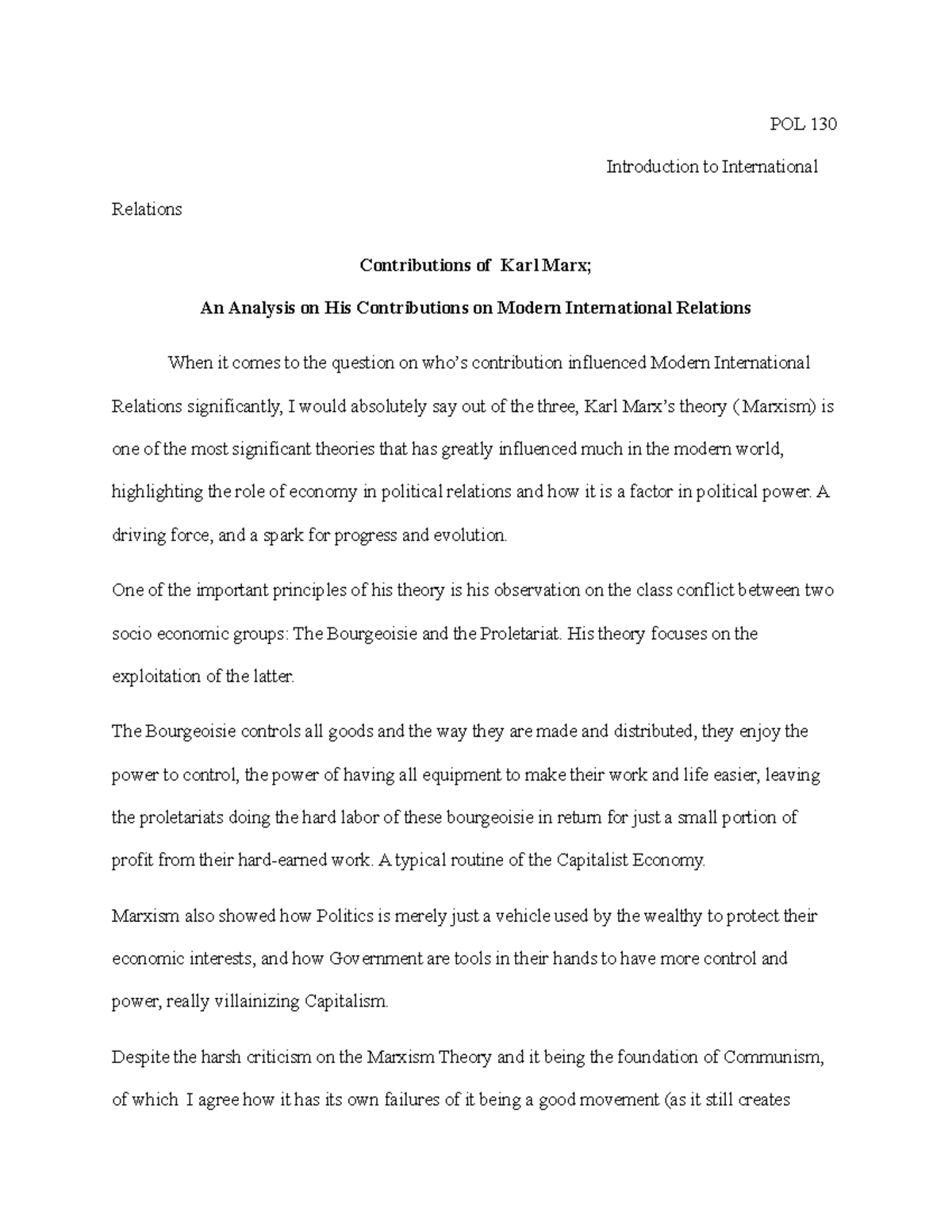 Contributions of Karl Marx - POL 130 Introduction to International ...