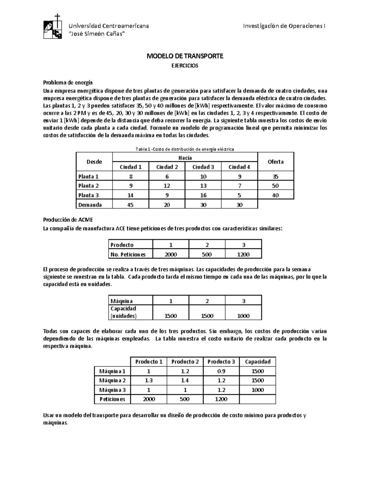 IOP1 Ejercicios de Transporte - “José Simeón Cañas” MODELO DE TRANSPORTE EJERCICIOS Problema de ...