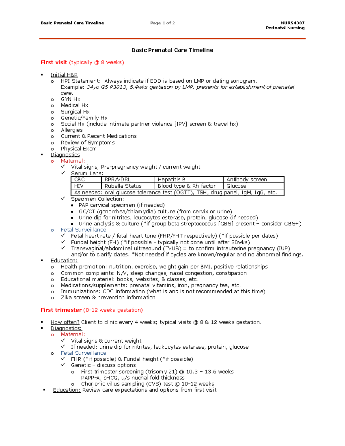 Basic Prenatal Care Timeline - Example: 34yo G5 P3013, 6 gestation by LMP, presents for - Studocu