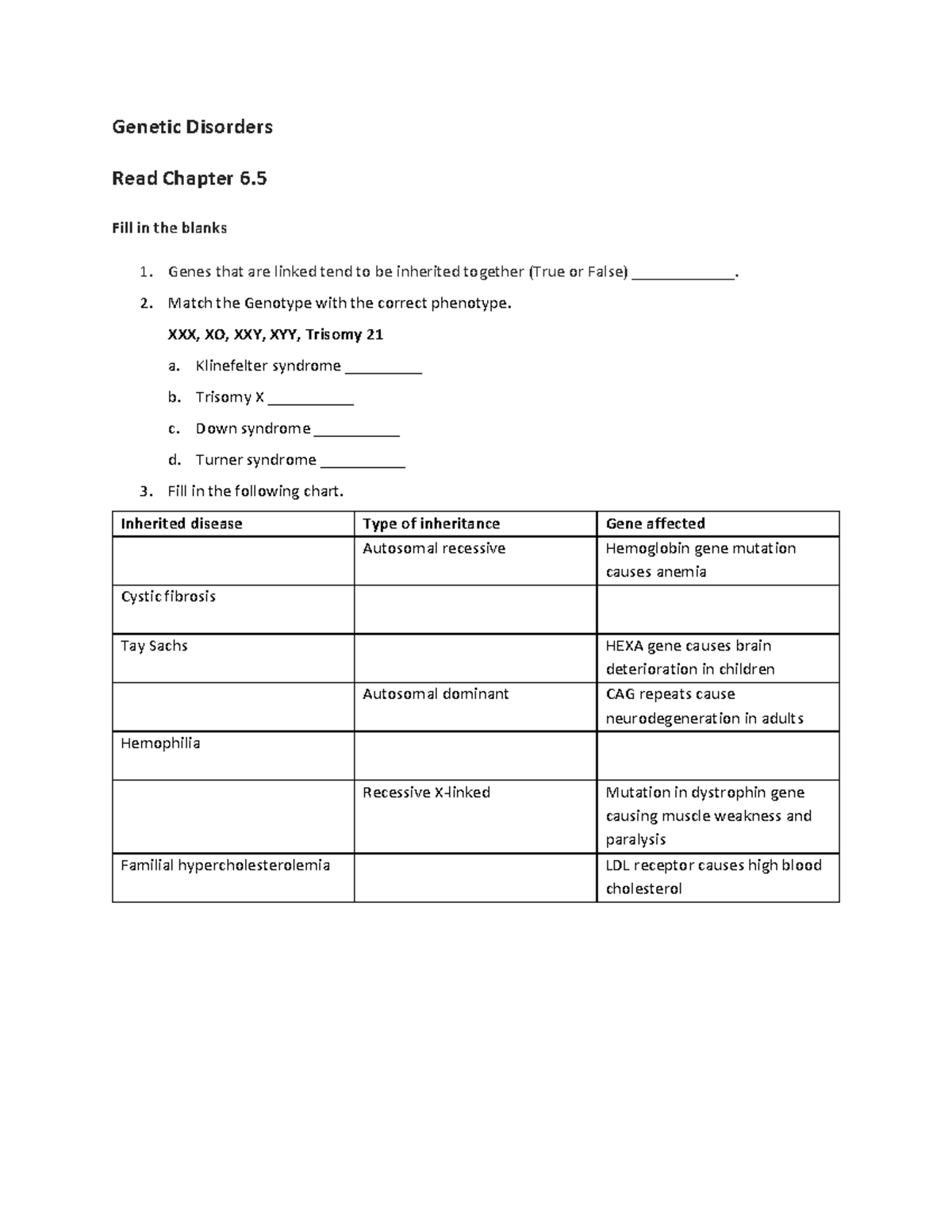 Genetic Disorders - idk - Genetic Disorders Read Chapter 6. Fill in the ...