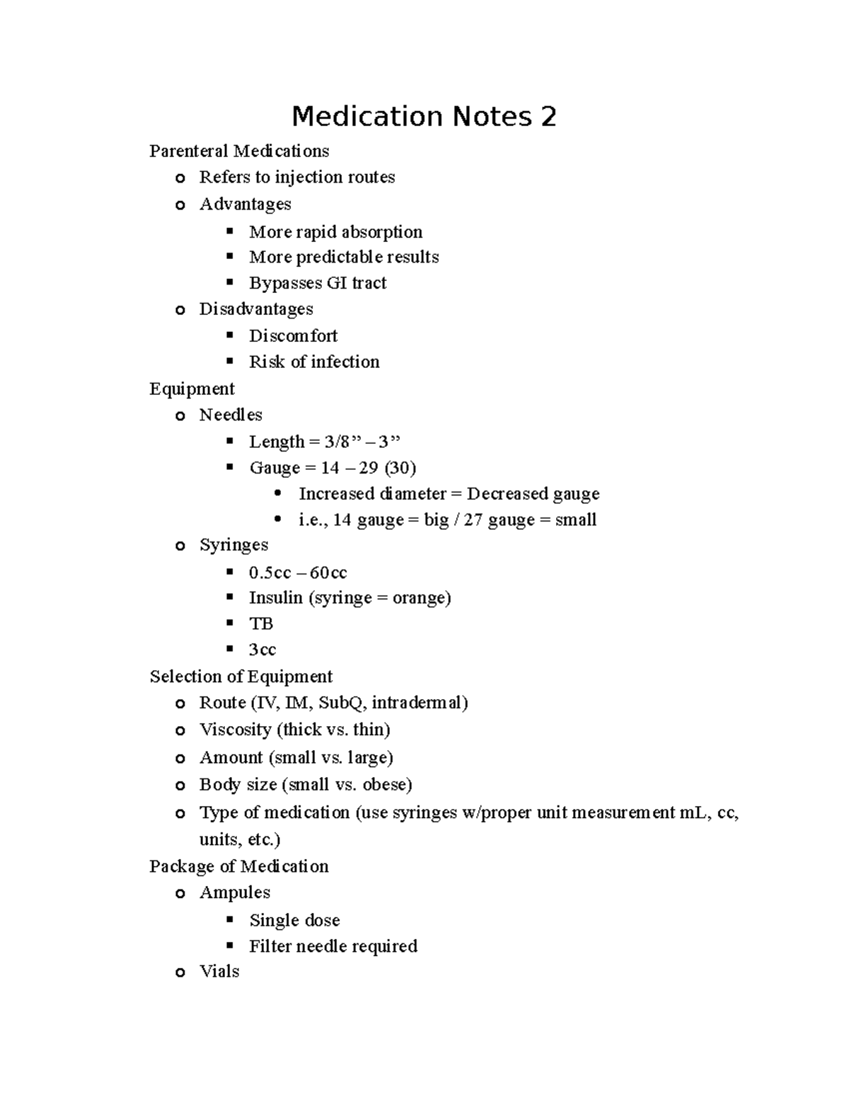 Medication 2 Notes Lecture - Medication Notes 2 Parenteral Medications ...