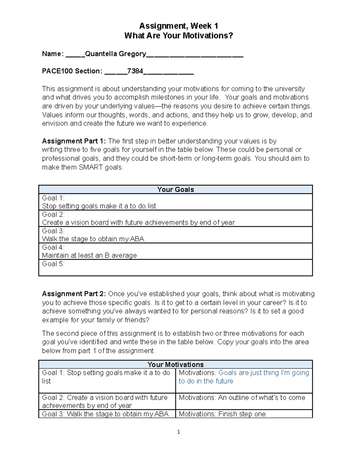 PACE 100 Assignment 1umgc - Assignment, Week 1 What Are Your ...