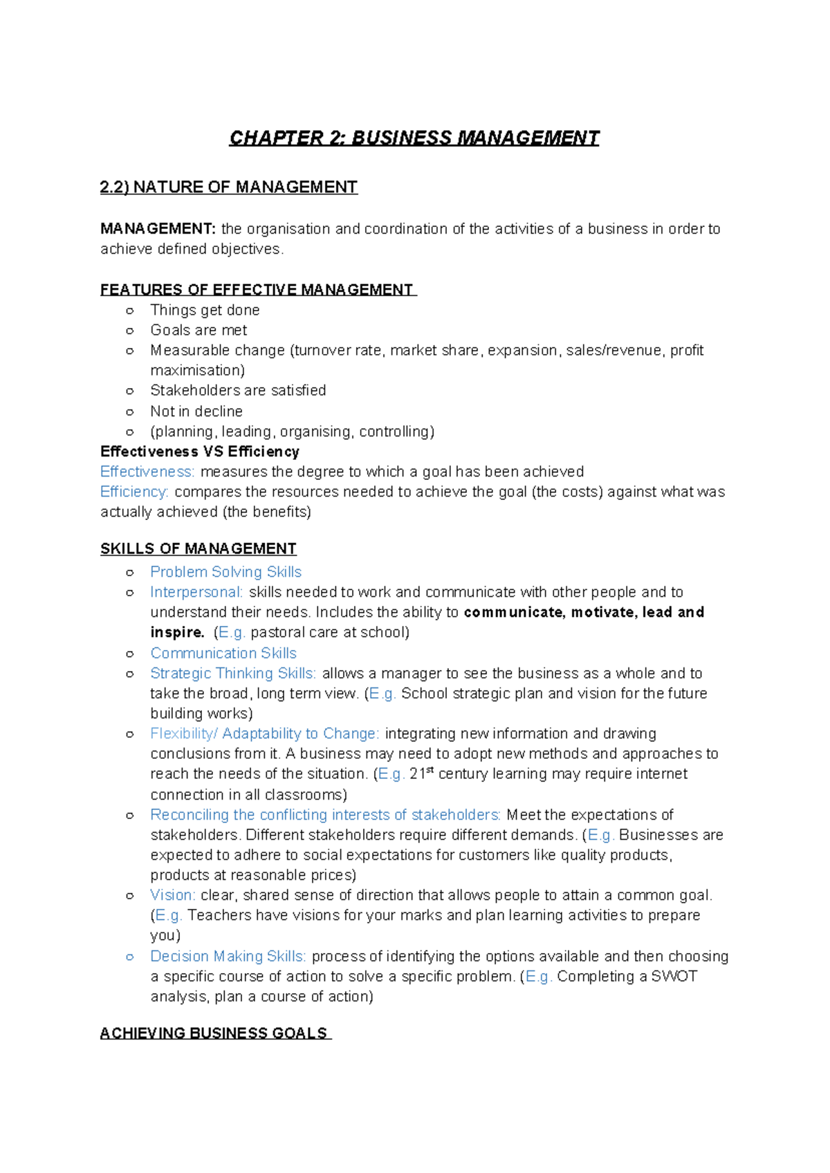 Revision note business management - CHAPTER 2: BUSINESS MANAGEMENT 2 ...