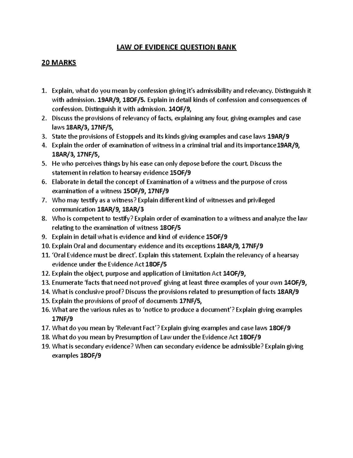 LAW OF Evidence Question BANK- INDIAN EVIDENCE ACT - LAW OF EVIDENCE ...