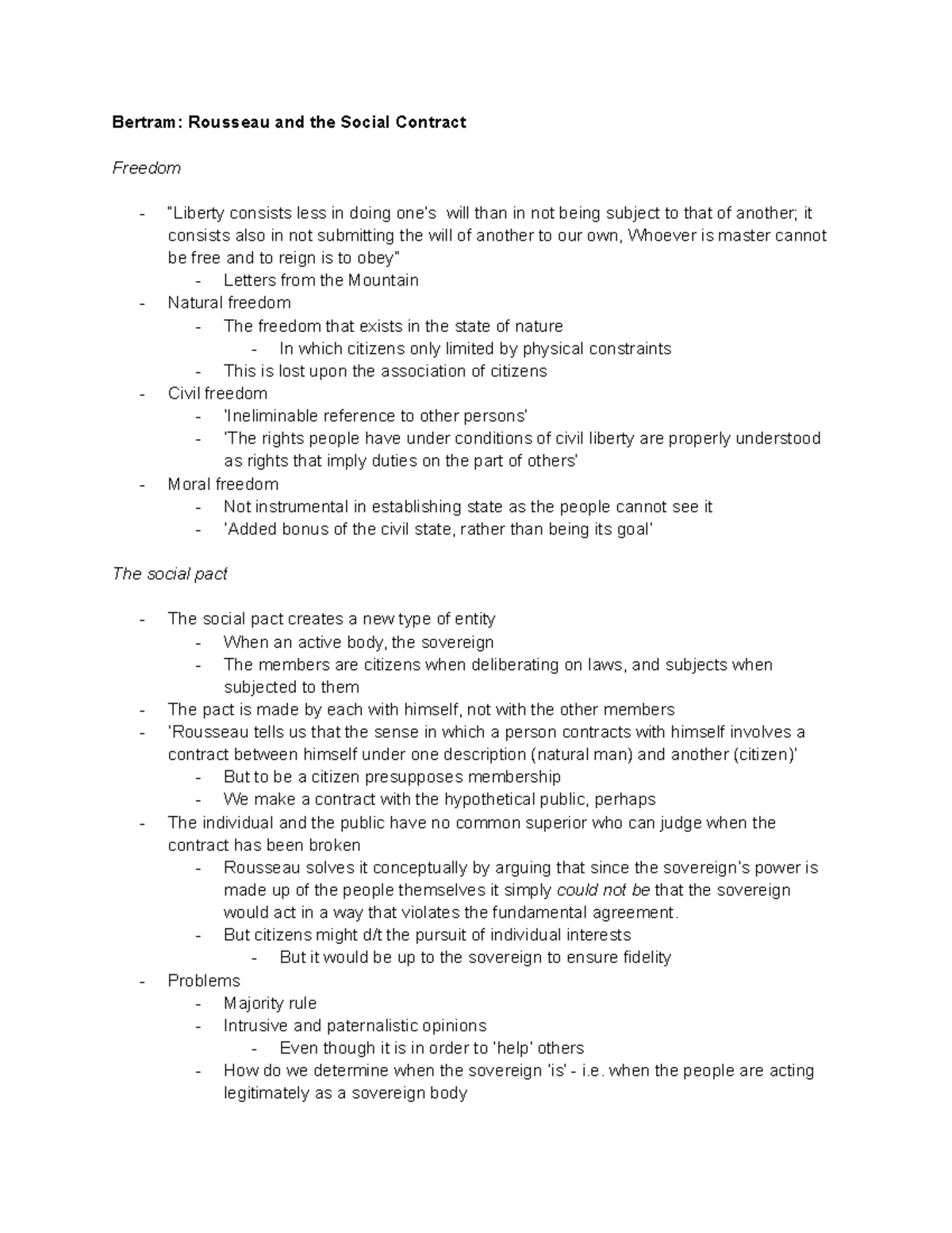Rousseau Finals Notes - Bertram: Rousseau and the Social Contract ...
