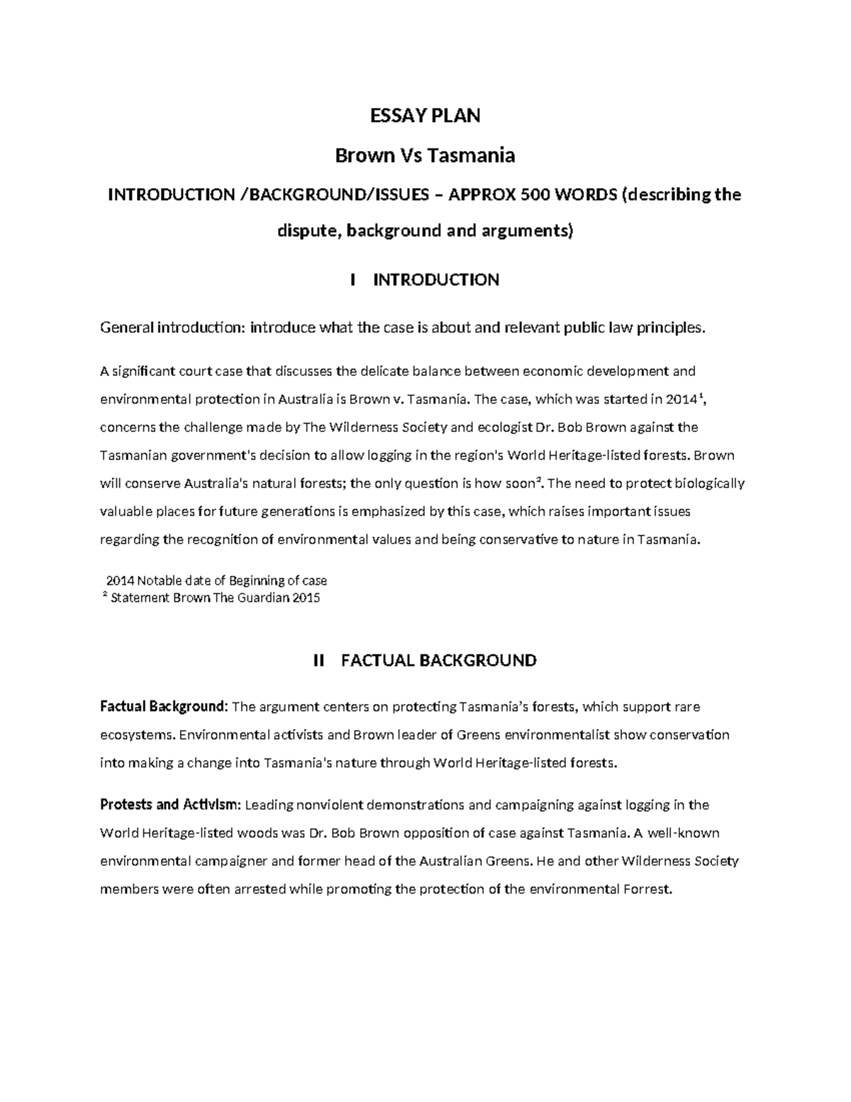 Essay Plan example - zzzzzzzzzz - ESSAY PLAN Brown Vs Tasmania ...
