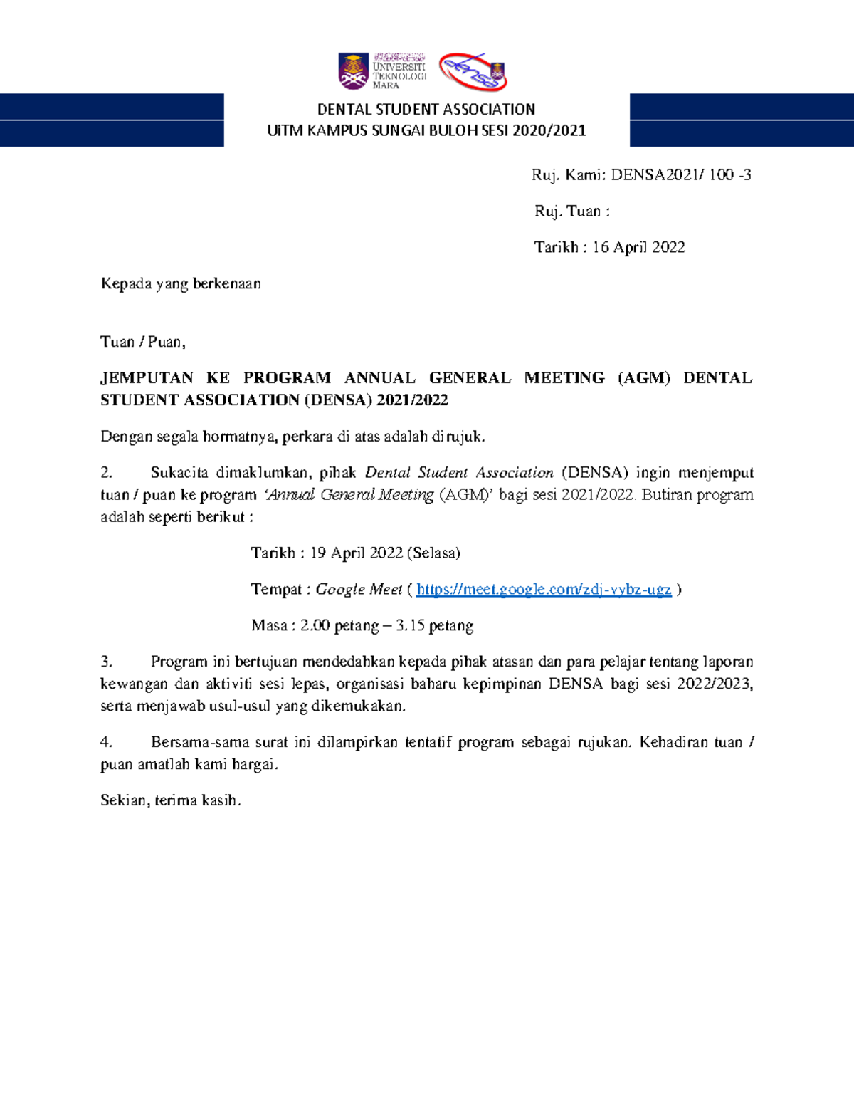 Surat Jemputan AGM - Example on the format and wording for an ...