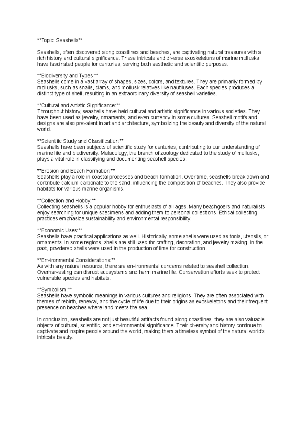 Codes 379217320 - Handout - Topic: Seashells Seashells, often ...