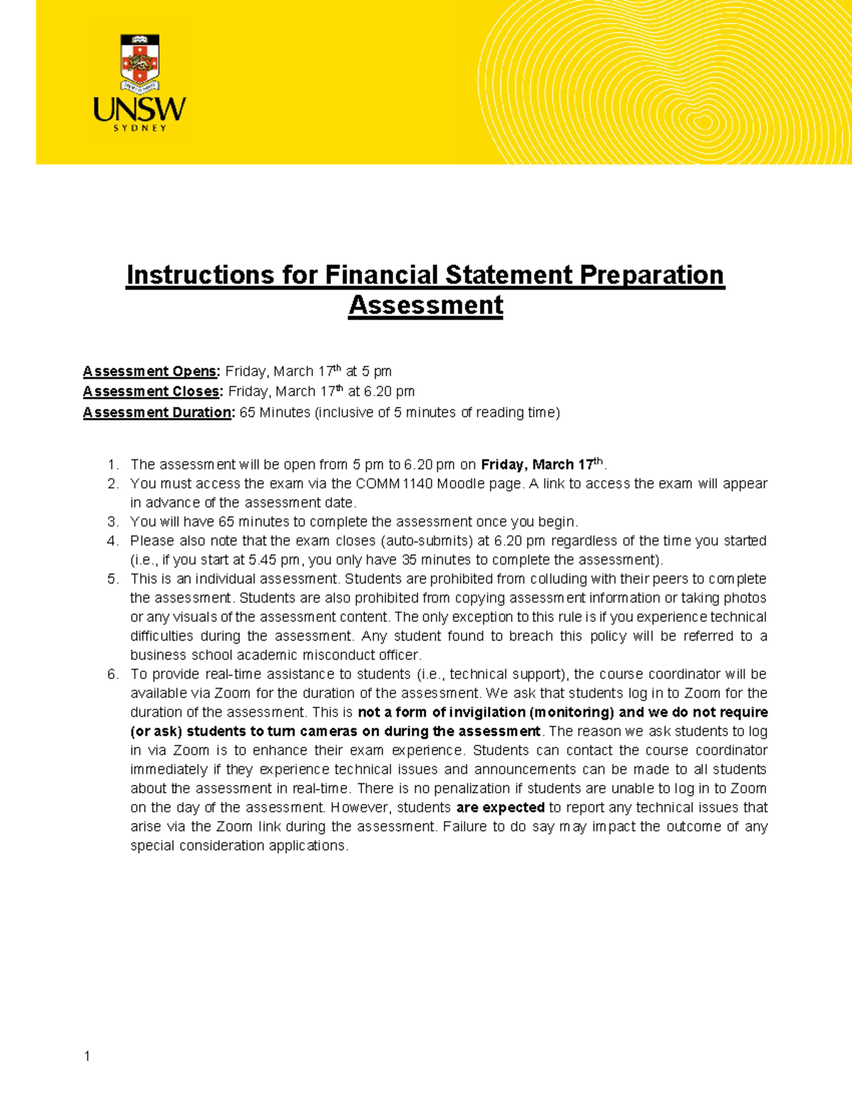 COMM1140 Assessment Notification - 1 Instructions for Financial ...