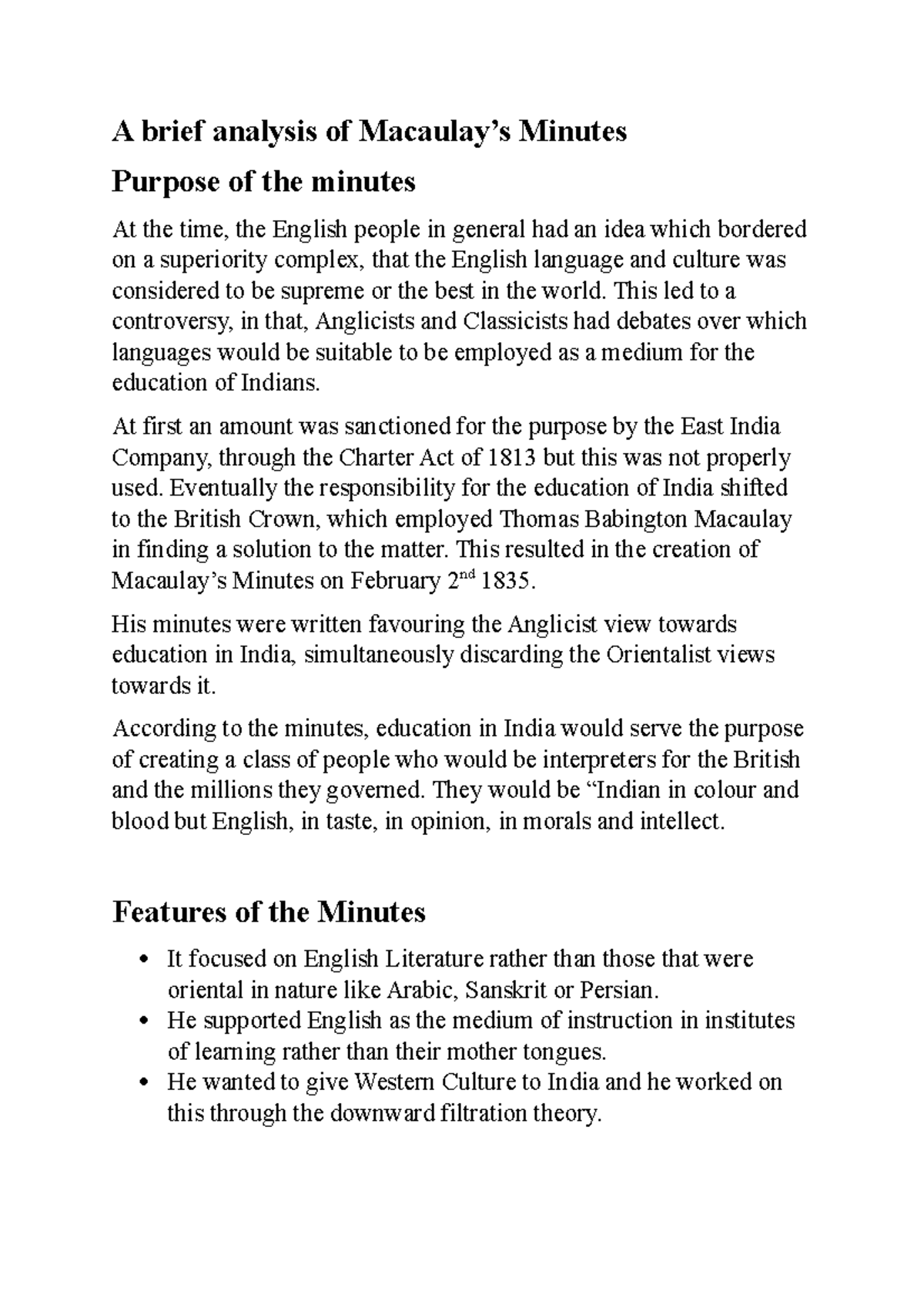 A brief analysis of Macaulay's Minutes - A brief analysis of Macaulay’s ...