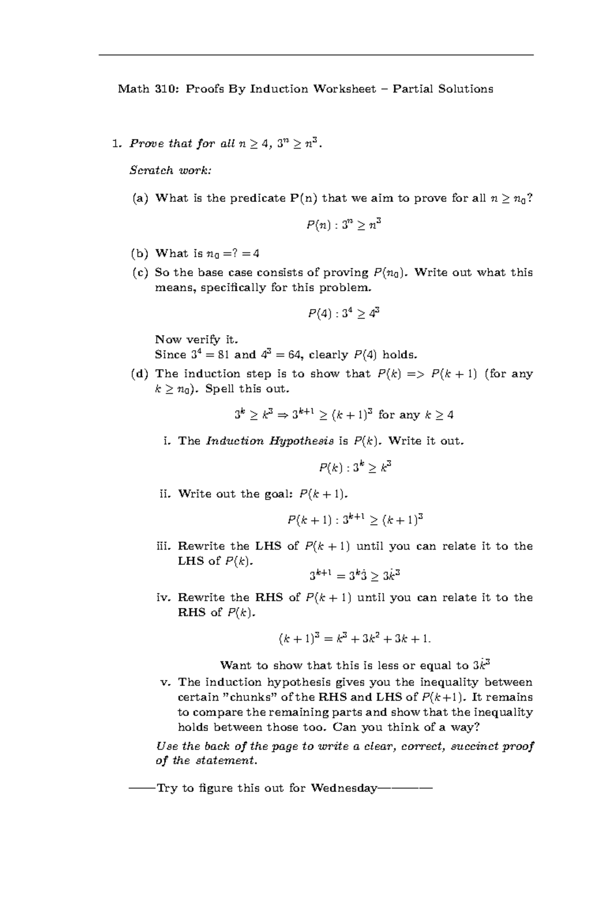 310 induction WS Sol Pbl 2Only - Math 310: Proofs By Induction ...