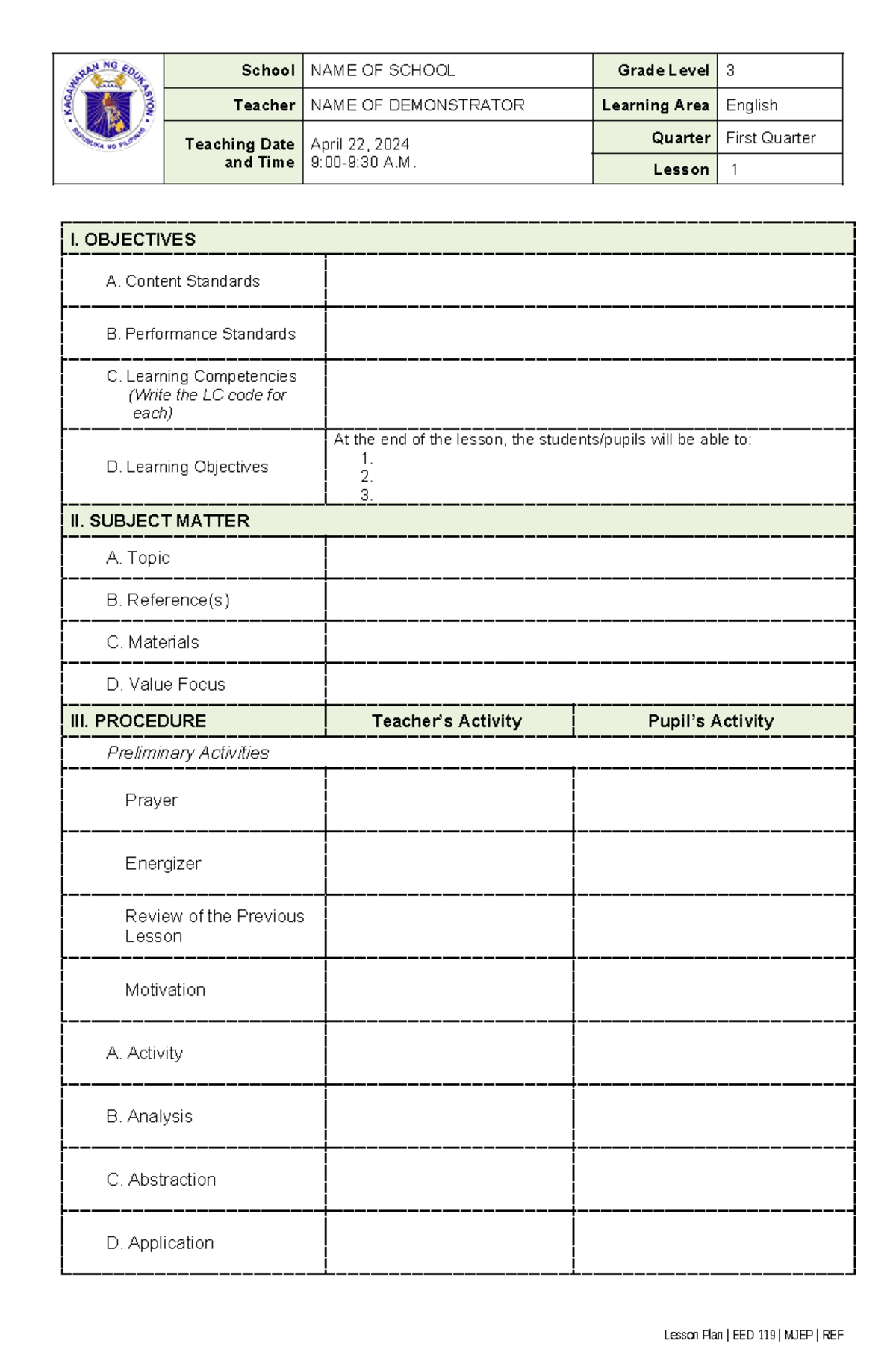 EED 119 Lesson Plan Template - School NAME OF SCHOOL Grade Level 3 ...