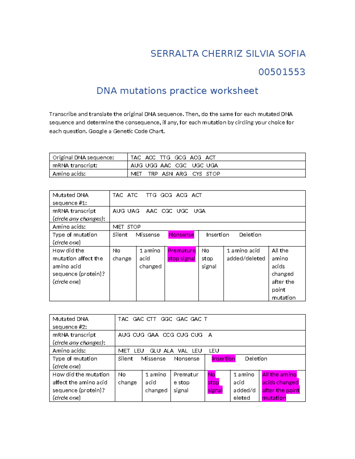 DNA mutations practice worksheet - SERRALTA CHERRIZ SILVIA SOFIA ...