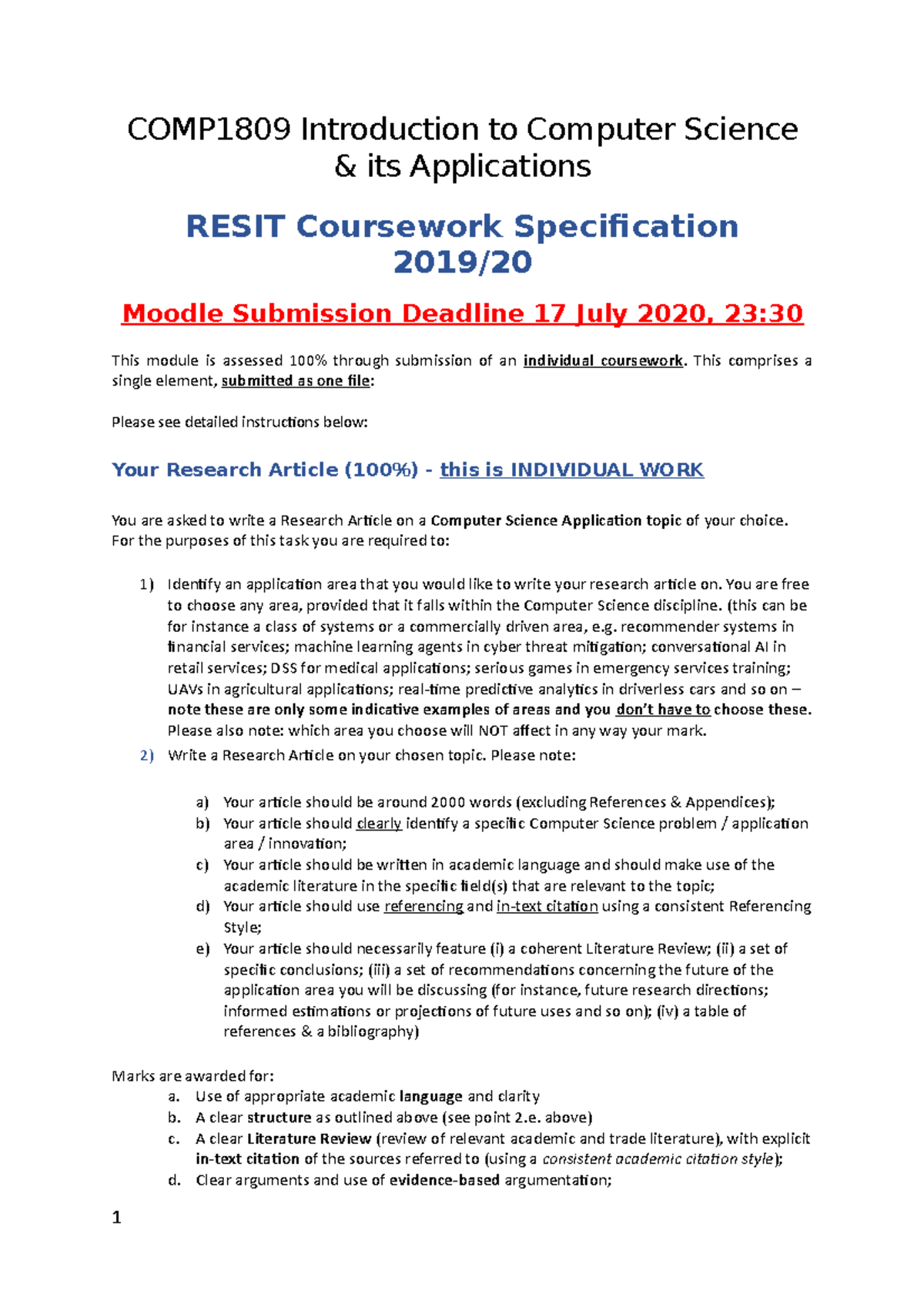 COMP1809 Resit 2019 20 - COMP1809 Introduction to Computer Science ...
