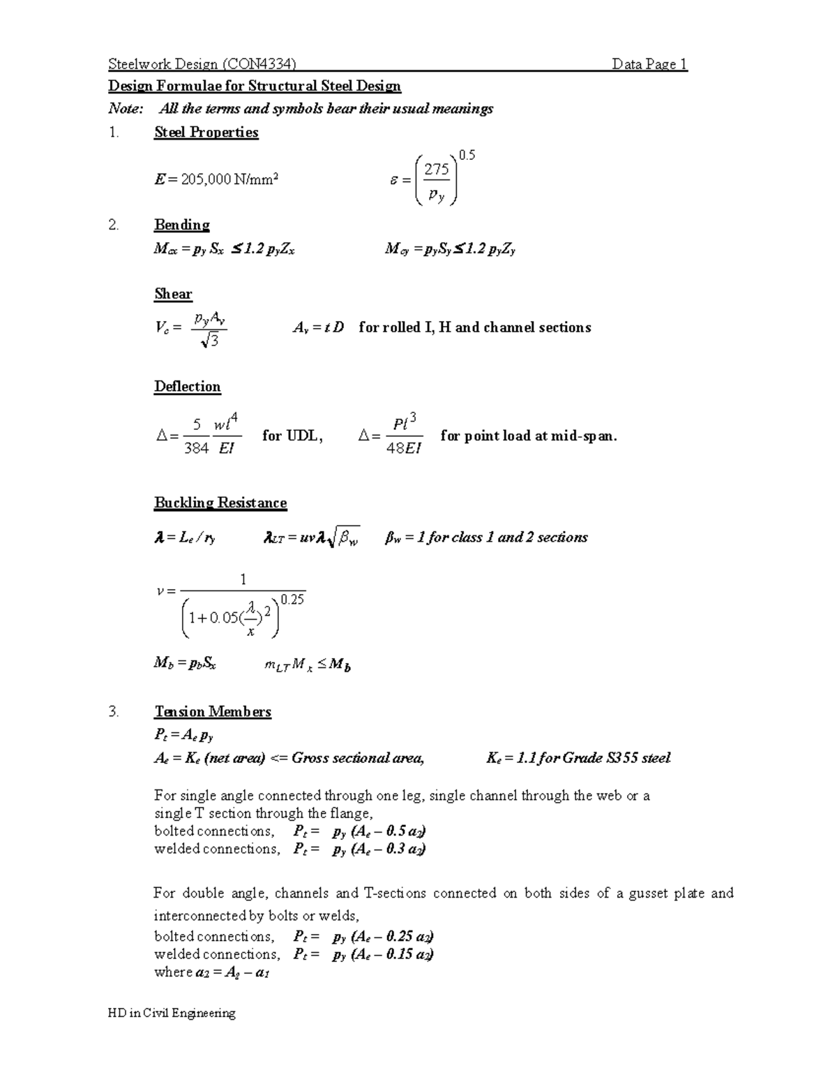 DC Data Cal. Sheet - Design Formulae for Structural Steel Design Note ...