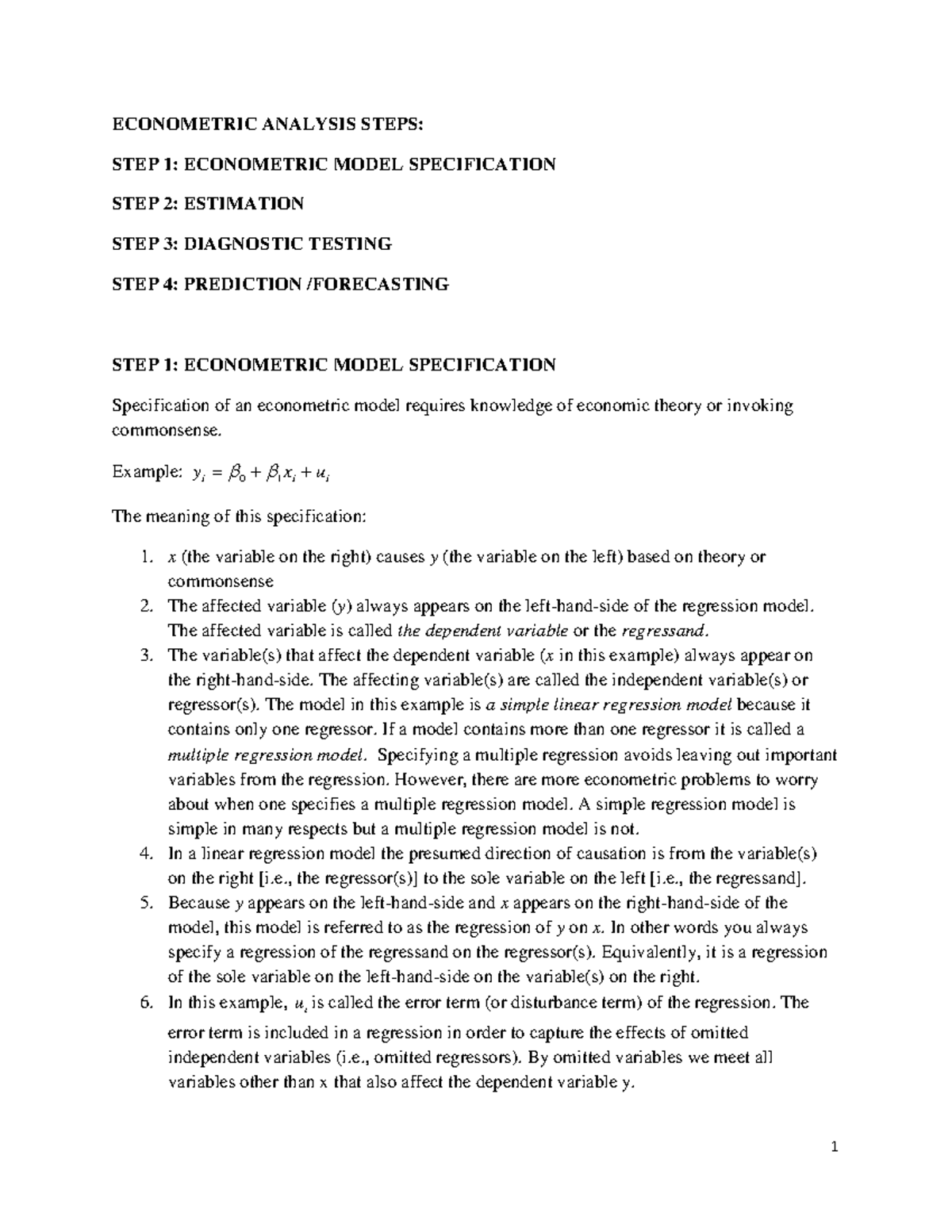 Econometric Analysis steps - ECONOMETRIC ANALYSIS STEPS: STEP 1: ECONOMETRIC MODEL SPECIFICATION ...
