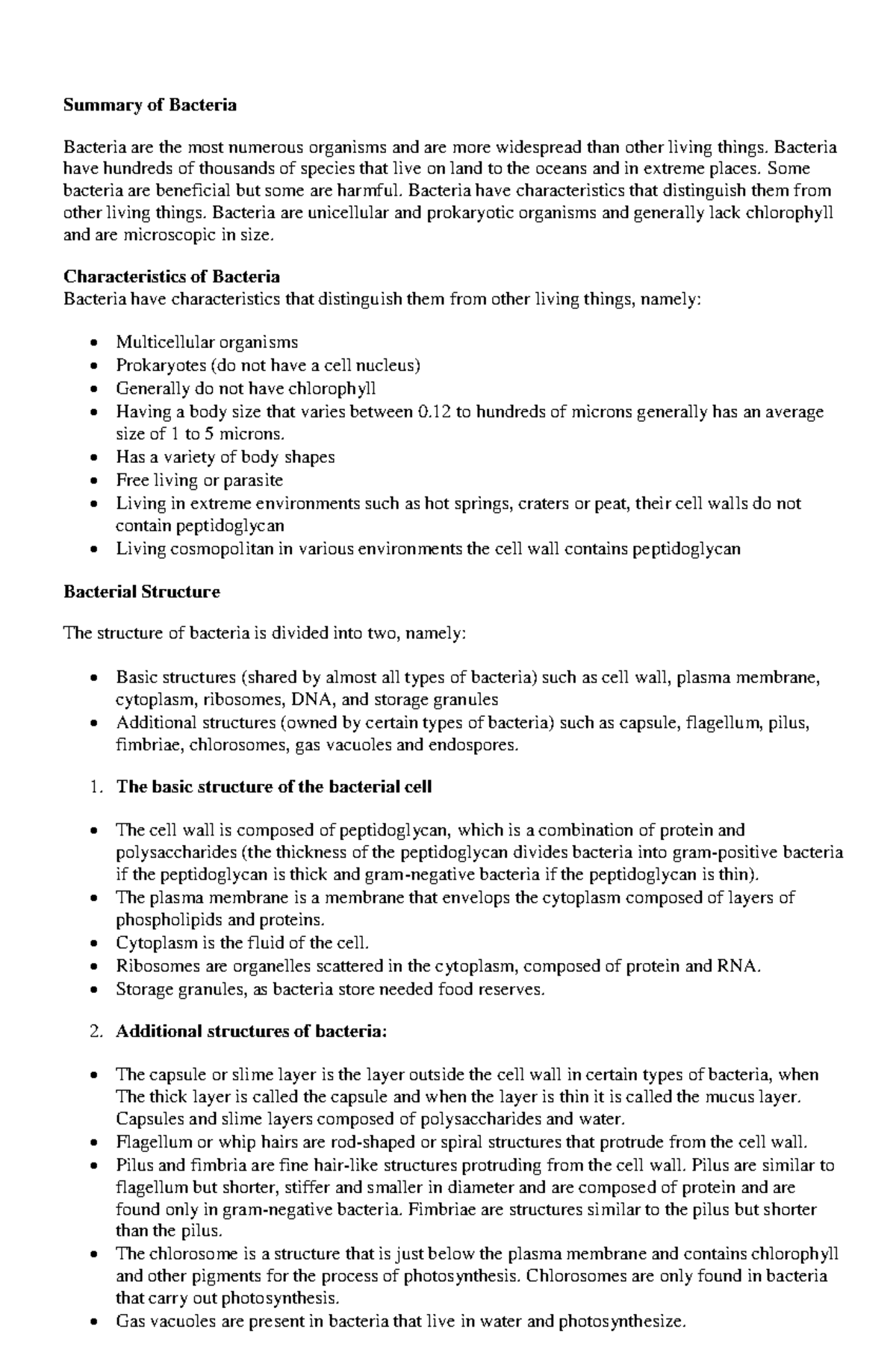 Summary of Bacteria - Summary of Bacteria Bacteria are the most ...