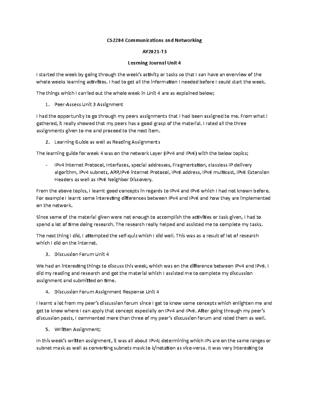 CS2204 Learning Journal Unit 4 - CS2204 Communications and Networking AY2021-T Learning Journal ...