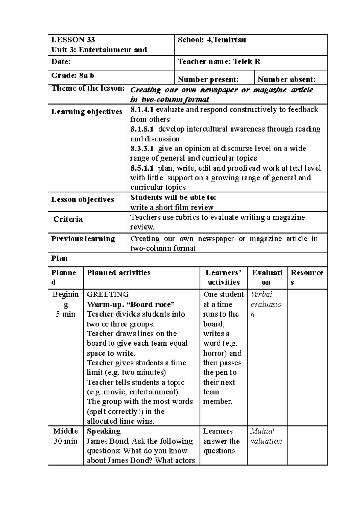 8 сын 15 - lesson plans for 7-8 grade for techers and students - LESSON ...