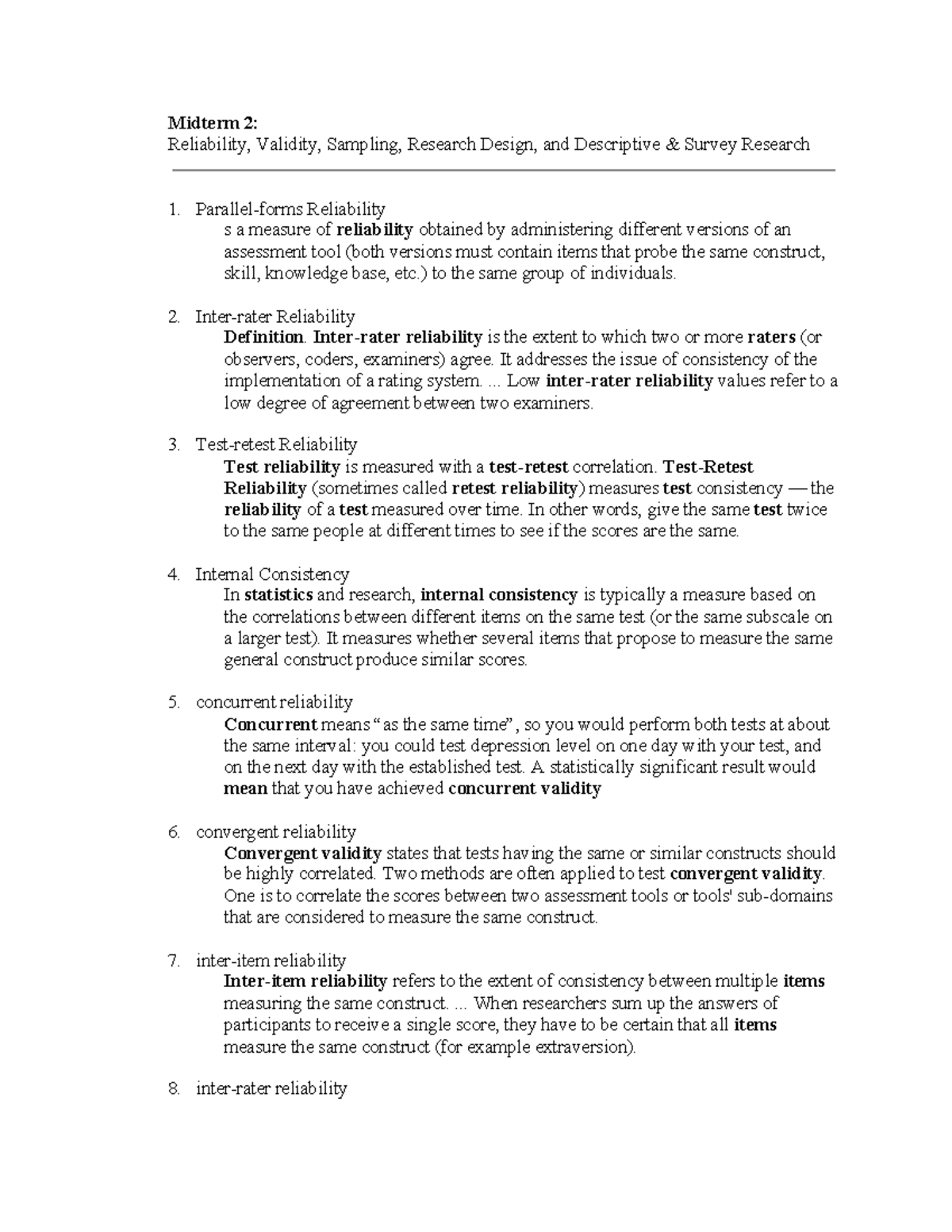 Exam 2 Copy of glossary - Midterm 2: Reliability, Validity, Sampling ...