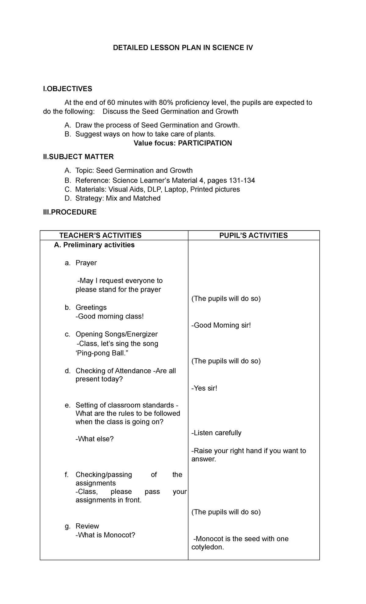 Detailed Lesson PLAN IN Science - DETAILED LESSON PLAN IN SCIENCE IV I ...