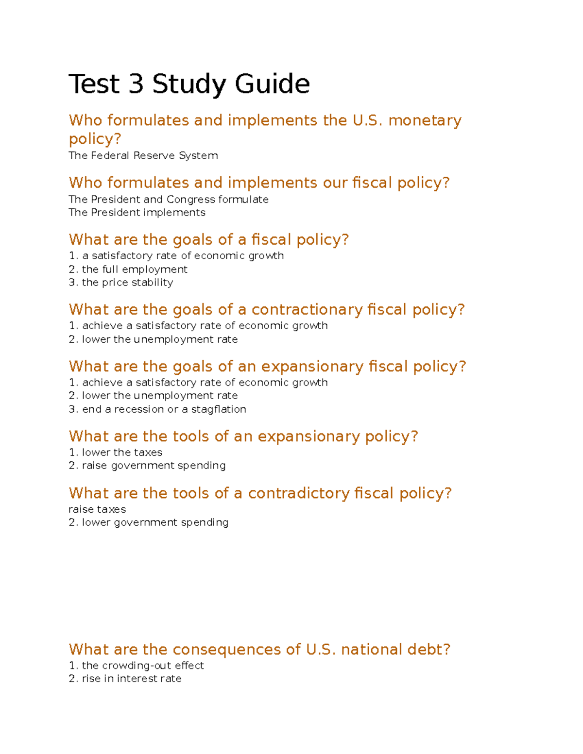 Study guide 3!! - Test 3 Study Guide Who formulates and implements the ...