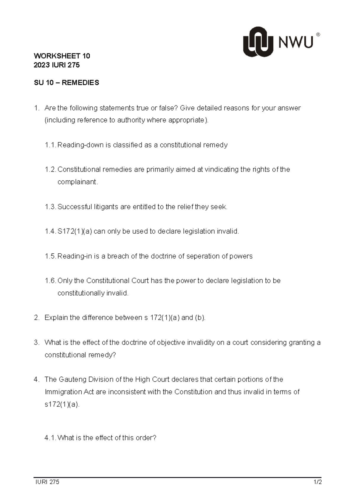 Worksheet 10 Limitations - WORKSHEET 10 2023 IURI 275 SU 10 – REMEDIES ...