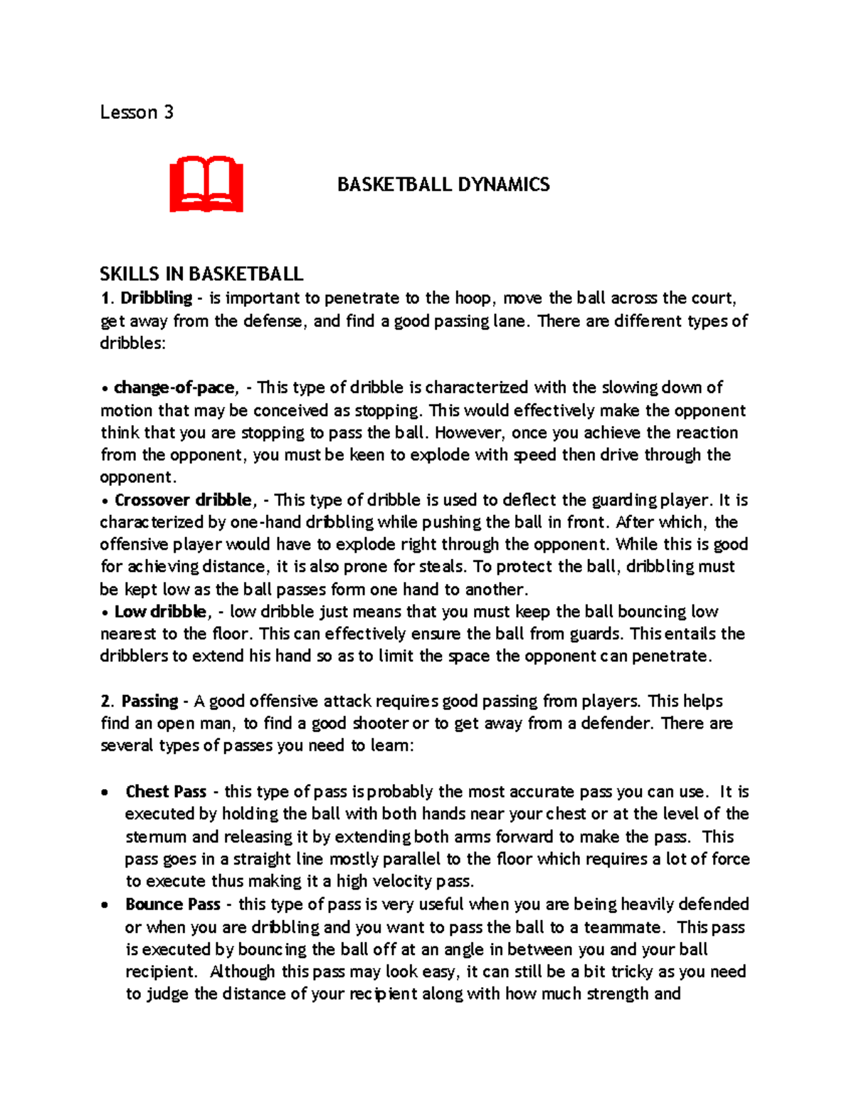 Basketball Dynamics - Lesson 3 SKILLS IN BASKETBALL Dribbling - is ...