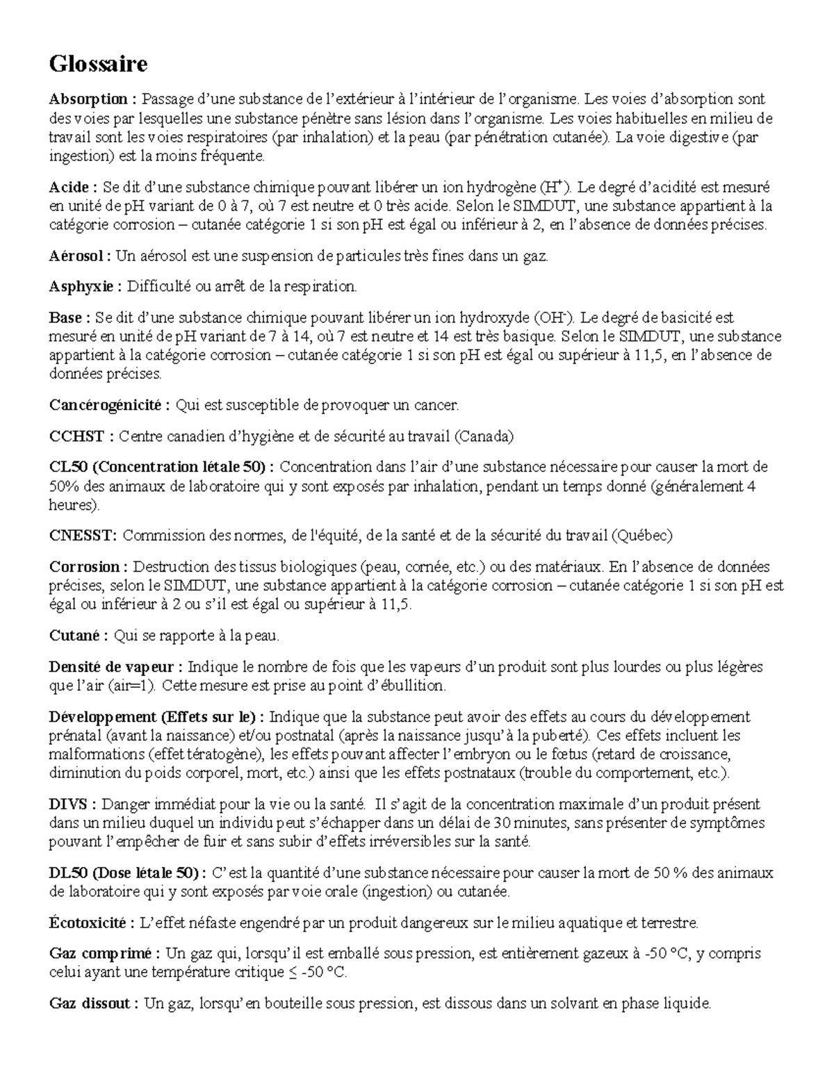 Glossaire Simdut - Glossaire Absorption : Passage d’une substance de l ...