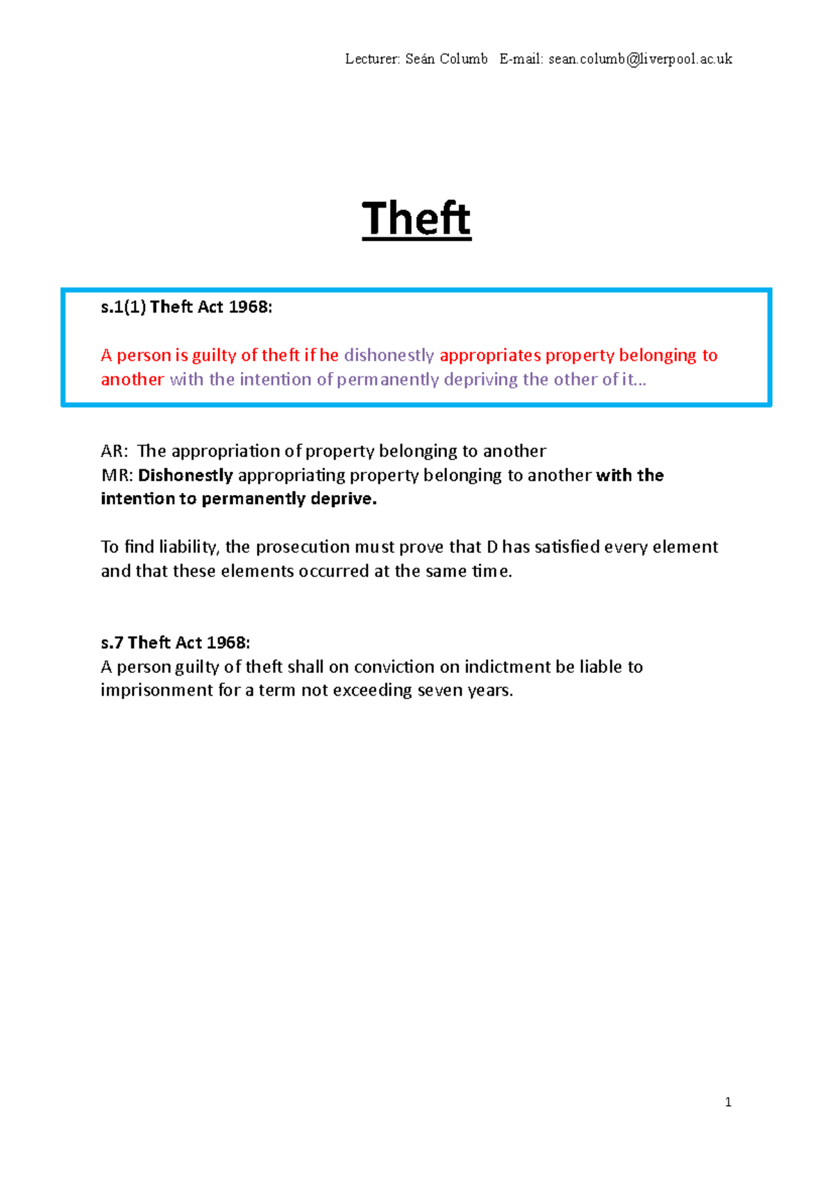 Theft Handout 2017 - Lecture notes 20 - Thef s(1) Thef Act 1968: A ...