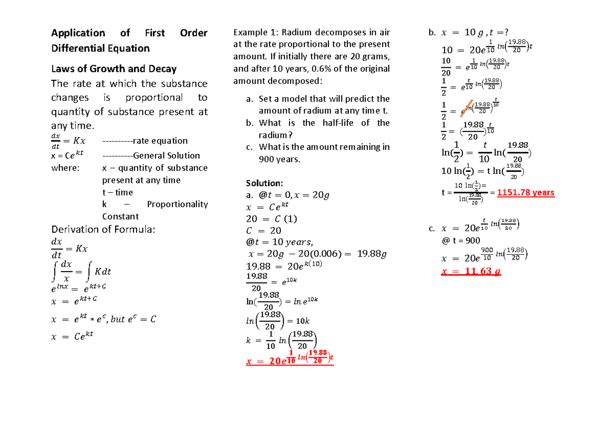 Application of First Order DE - Application of First Order Differential Equation Laws of Growth ...