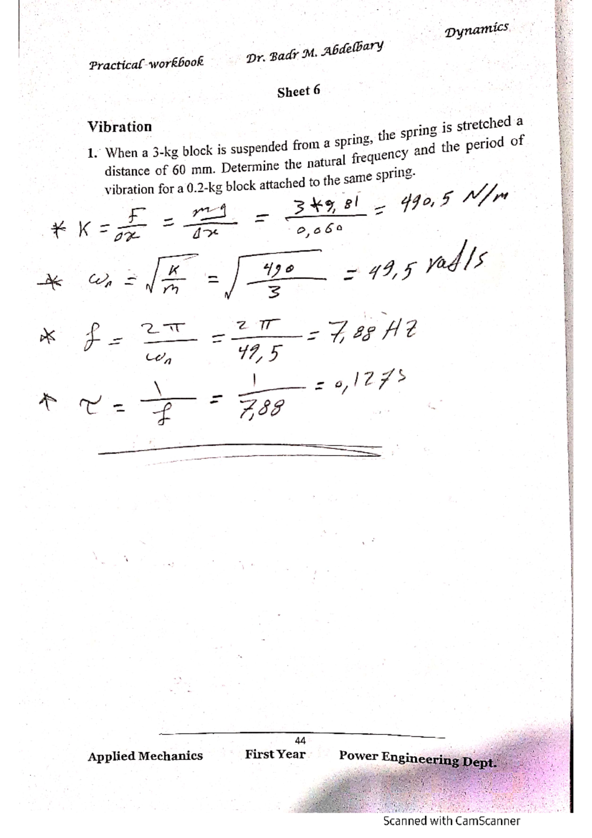 Sheet #6 Vibrations - Applied Mechanics - Studocu