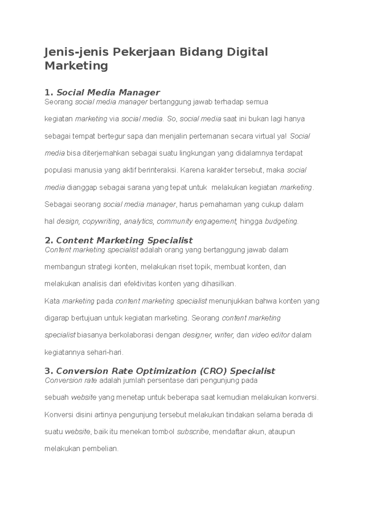 Jenis- jenis pekerjaan di bidang Digital Marketing - Jenis-jenis ...