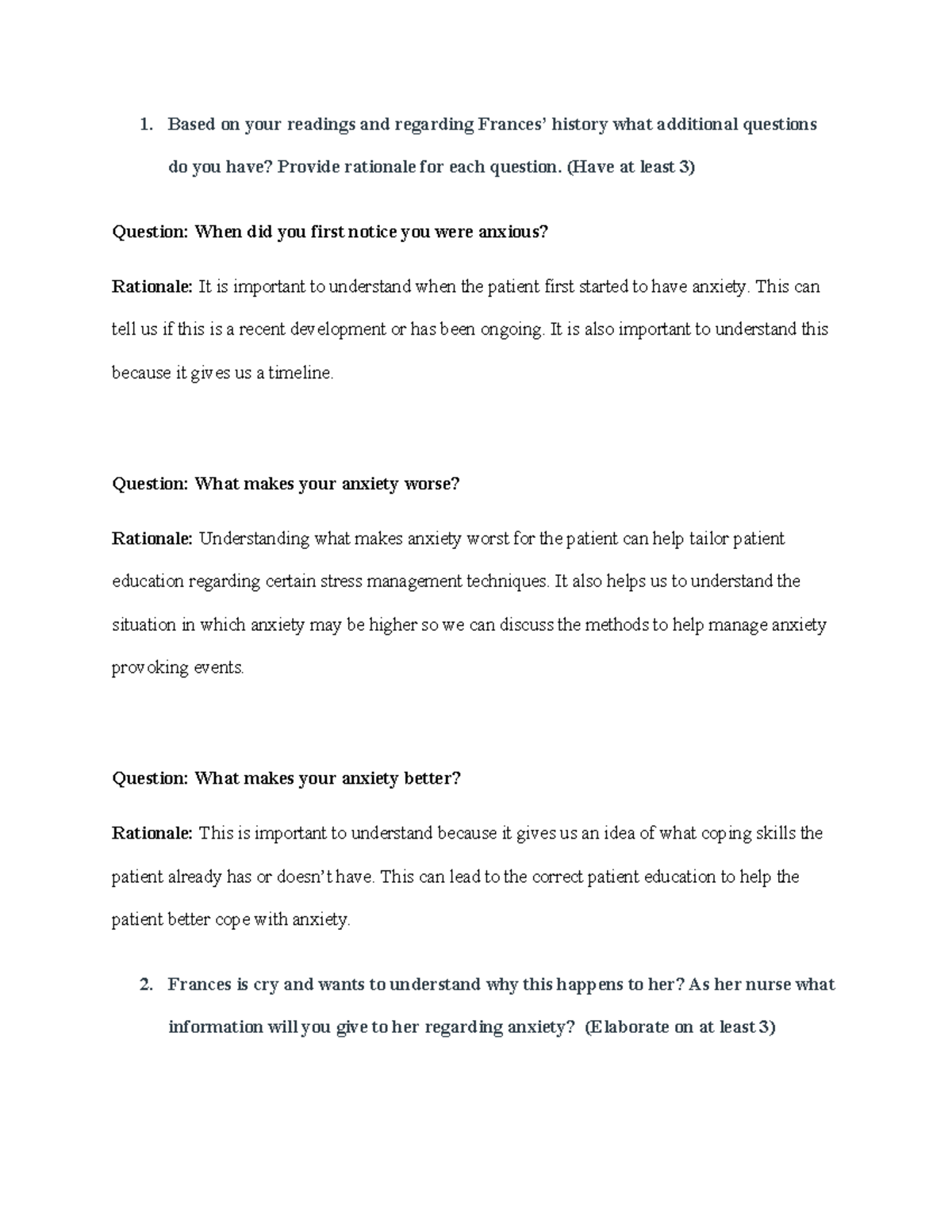 Frances - case setudy - Based on your readings and regarding Frances ...