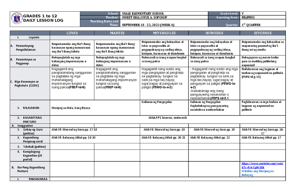 DLL Filipino 5 Q1 W4 - lesson - GRADES 1 to 12 DAILY LESSON LOG School: VALLE ELEMENTARY SCHOOL ...