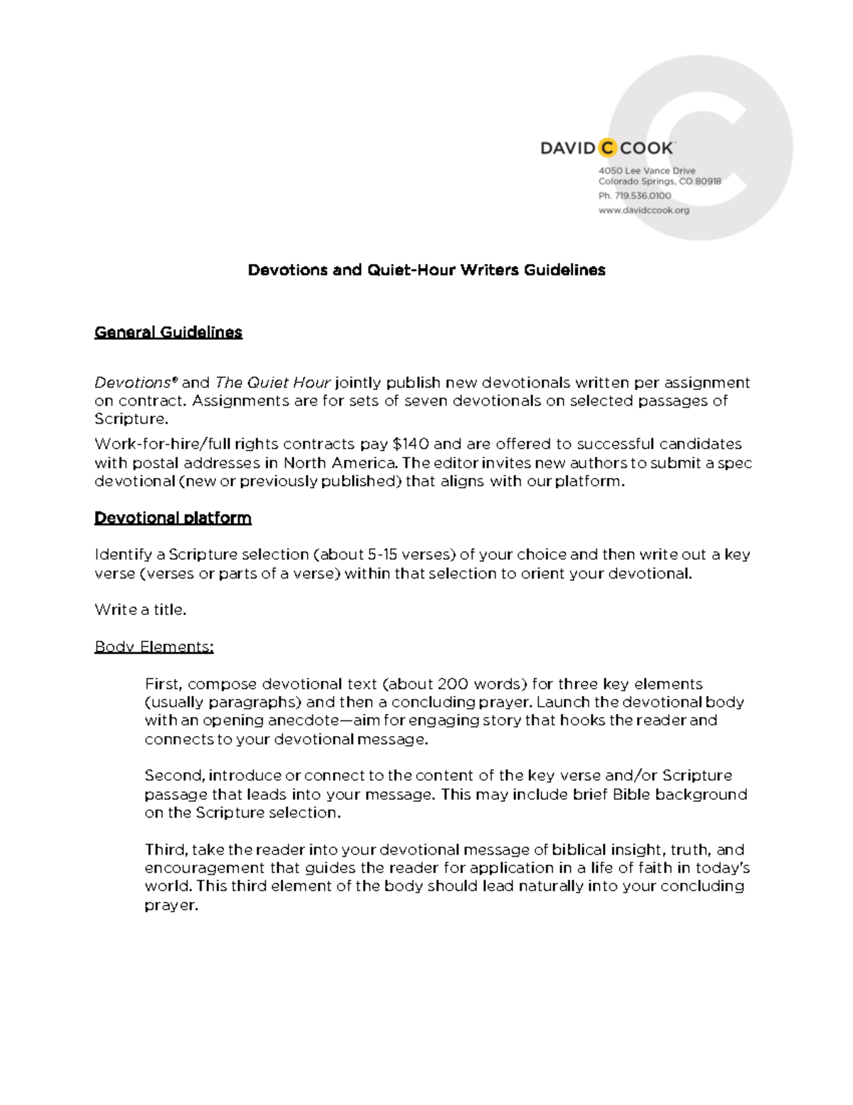 Devotions and Quiet Hour Writers Guidelines - Devotions and Quiet-Hour Writers Guidelines ...