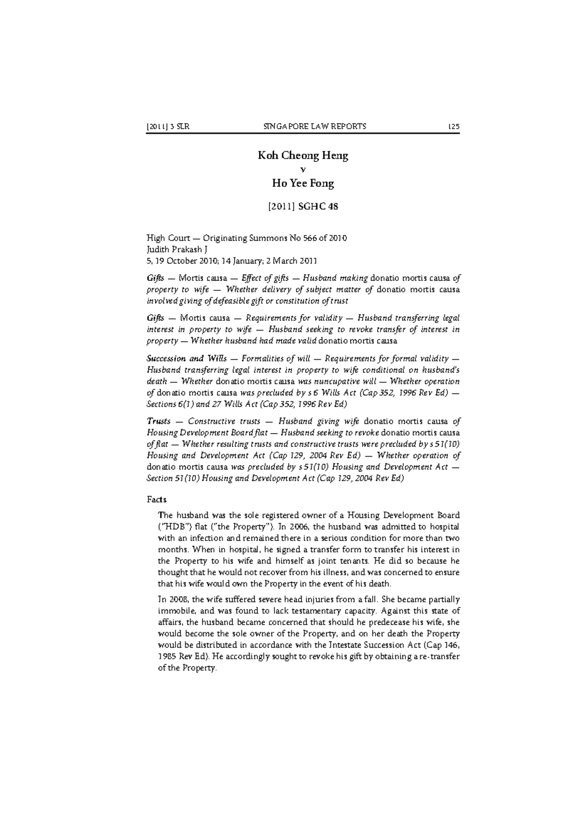 Koh Cheong Heng v Ho Yee Fong [2011 ] 3 SLR 0125 - [2011] 3 SLR ...