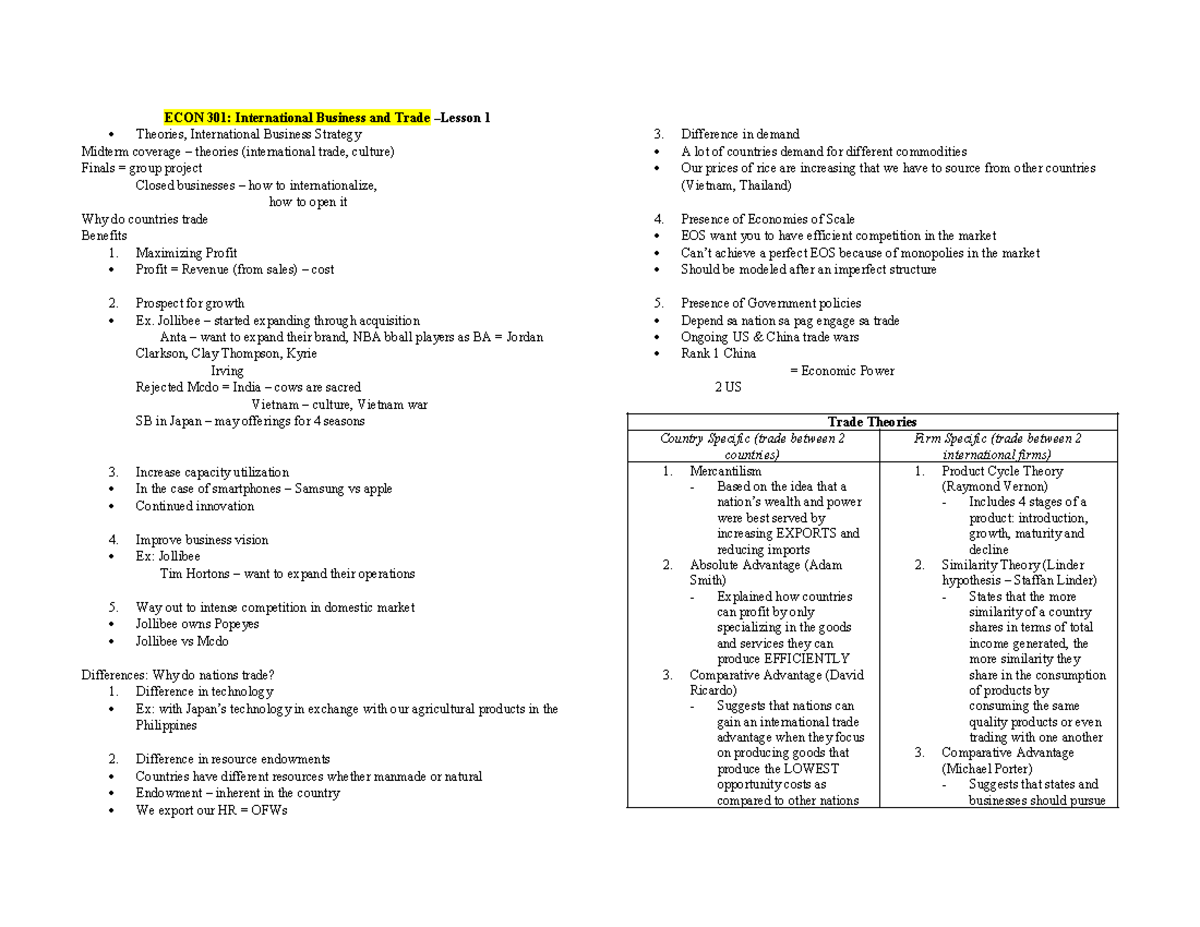 ECON 301 Notes - ECON 301: International Business and Trade –Lesson 1 ...