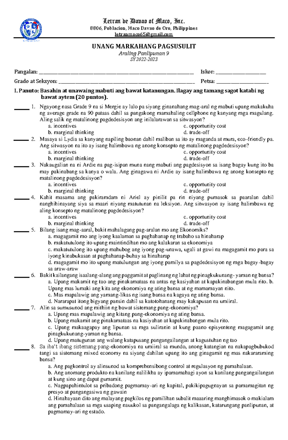 First Periodical Exam Ap-9 -2022-2023 Letran - Letran de Davao of Maco ...