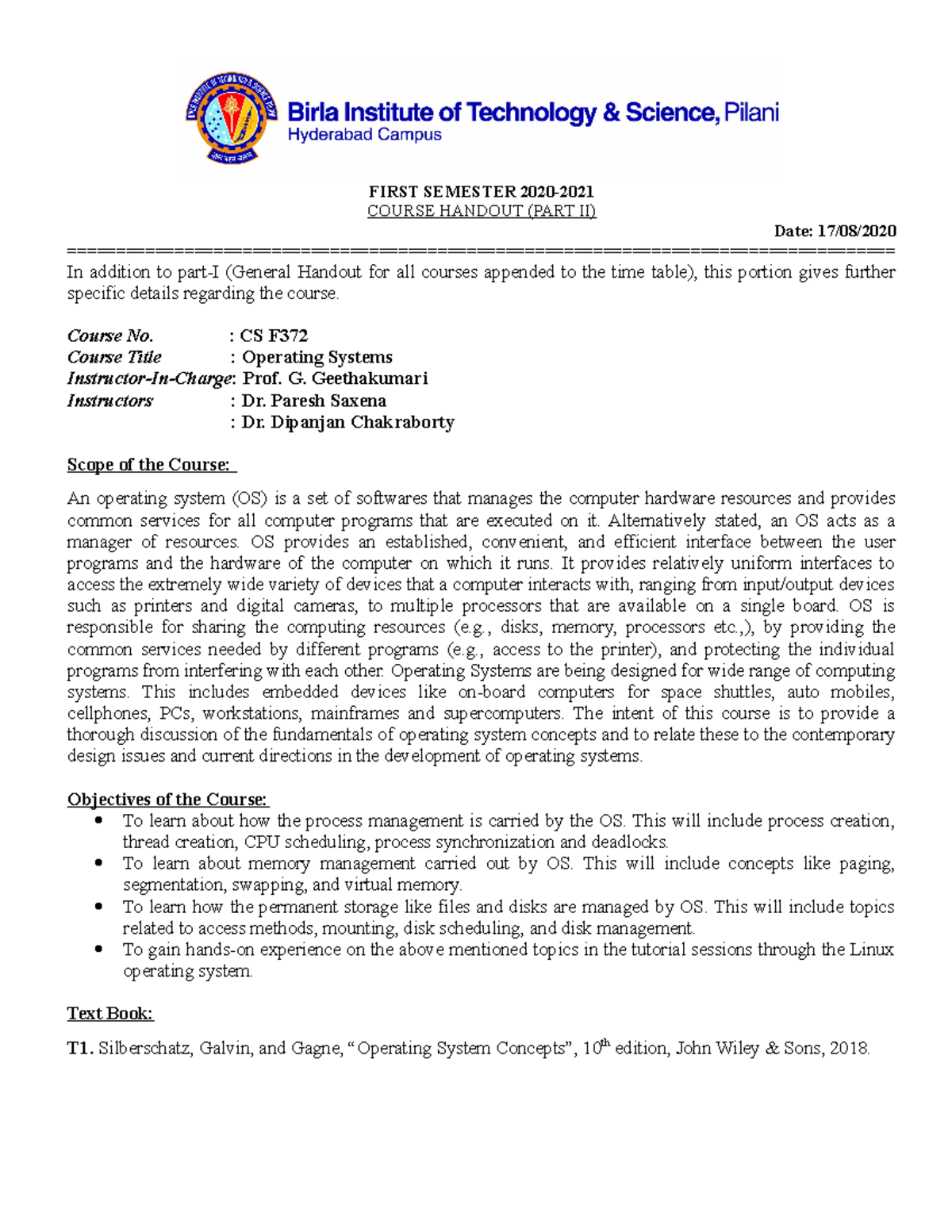 CS F372 - Course Handout - FIRST SEMESTER 2020- COURSE HANDOUT (PART II) Date: 17/08/ - Studocu