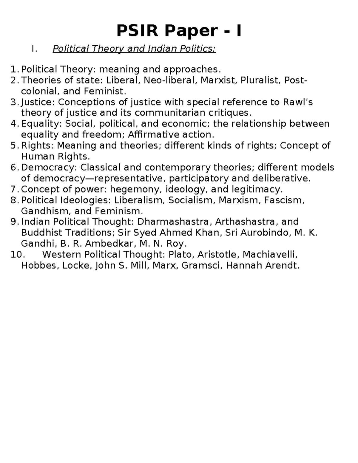 PSIR Syllabus - PSIR Paper - I I. Political Theory and Indian Politics ...
