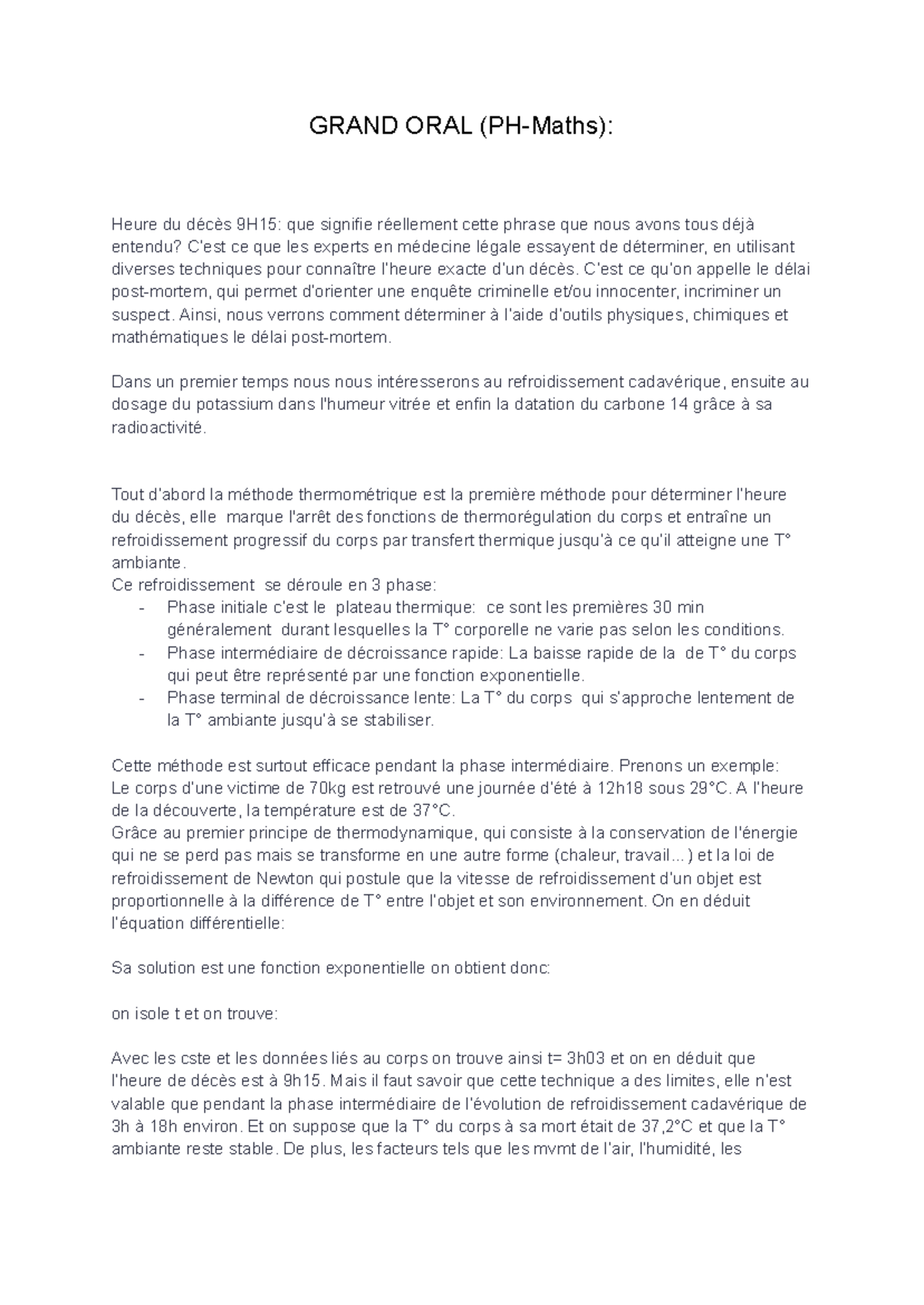 Grand ORAL (PH-Maths) - GRAND ORAL (PH-Maths): Heure du décès 9H15: que ...