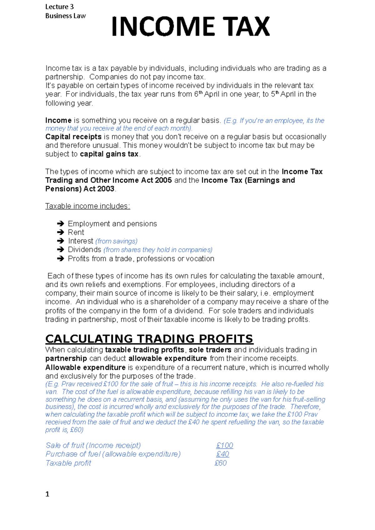Income Tax - lecture 3 Business law - Business Law Income tax is a tax ...