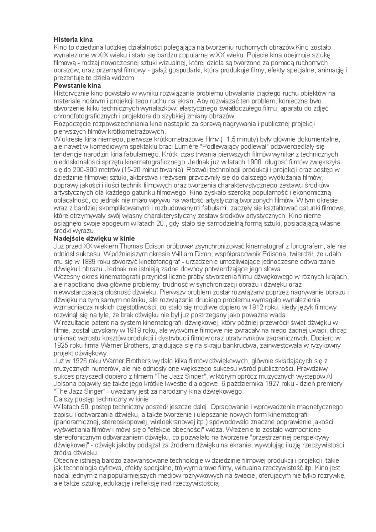 Kino - Historia kina Kino to dziedzina ludzkiej działalności polegająca ...