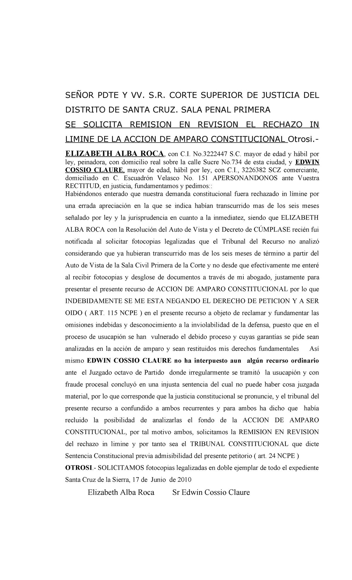 Accion de amparo Elizabeth Alba 8vo. de P.C - SEÑOR PDTE Y VV. S. CORTE ...