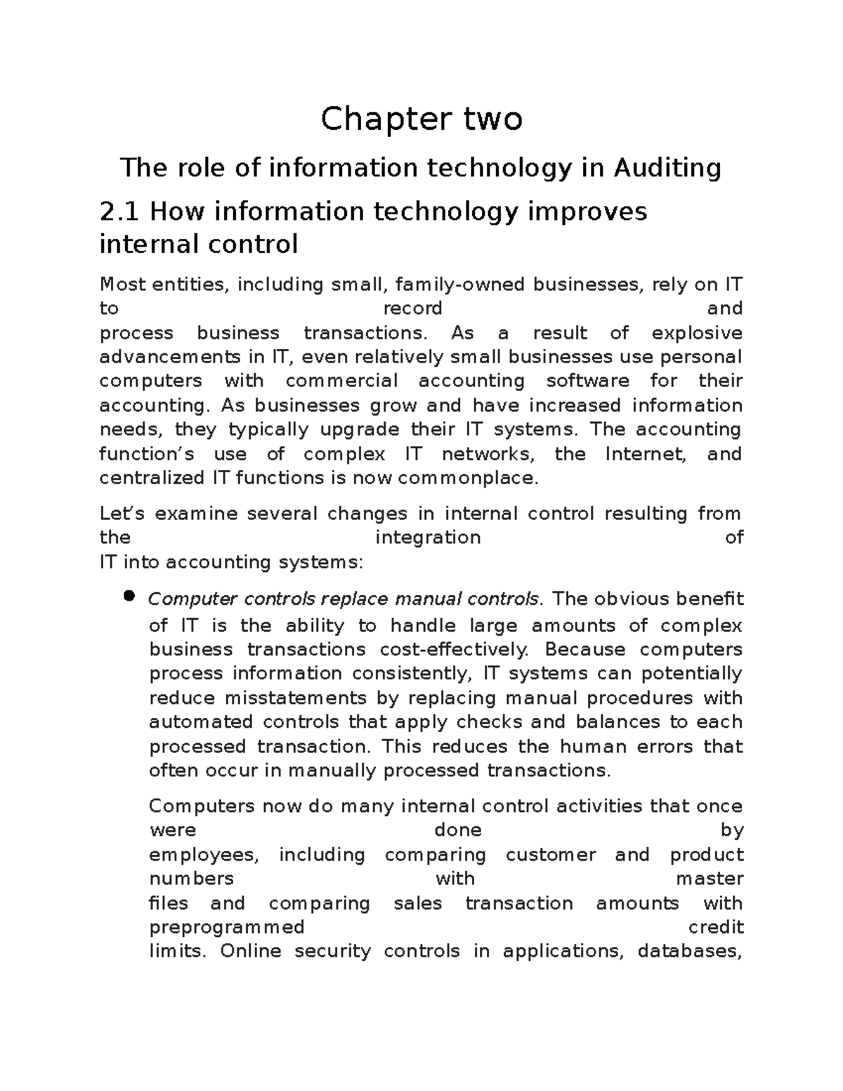 Auditing Principles and Practices II Chapter two HO - Chapter two The role of information ...