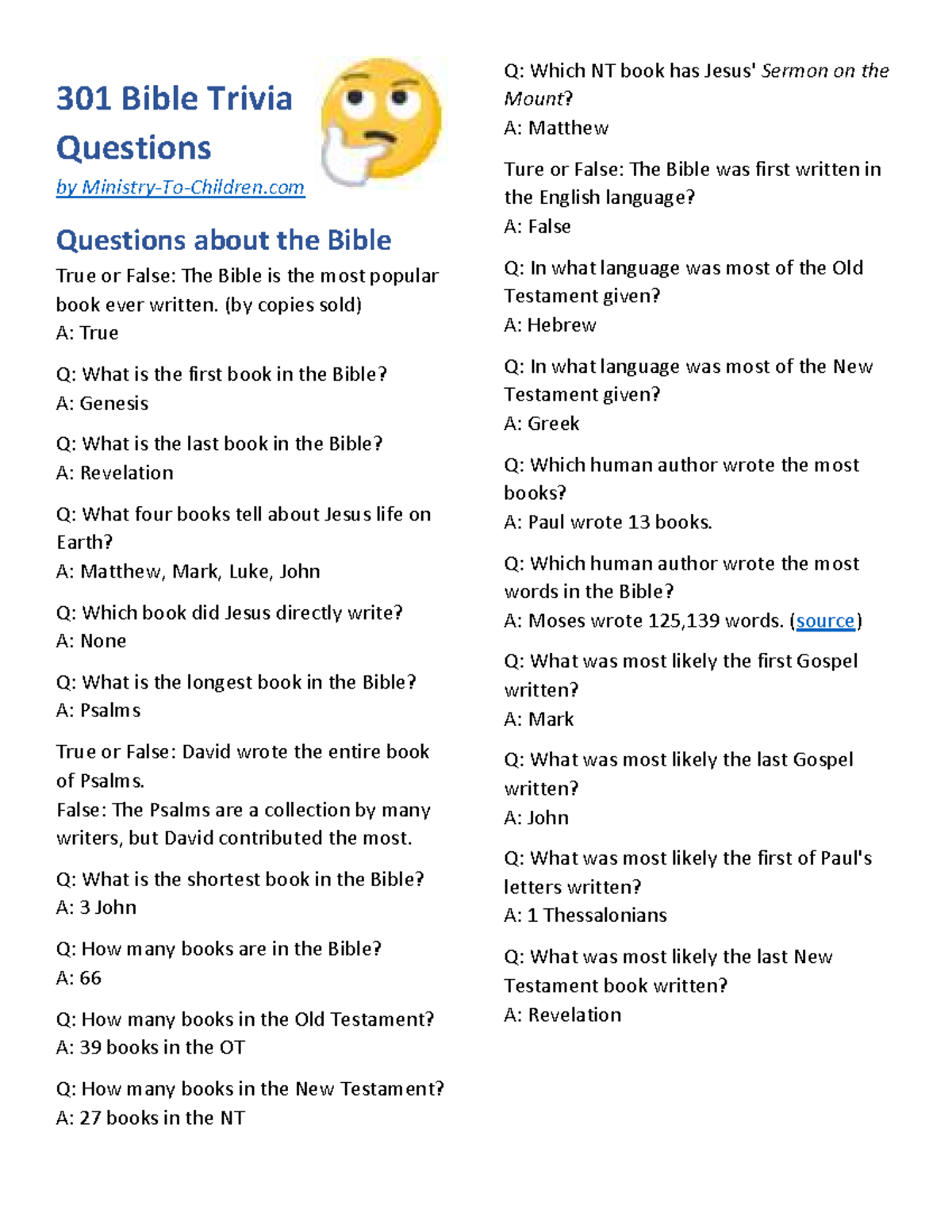 Bible Trivia Questions 1 - 301 Bible Trivia Questions by Ministry-To ...
