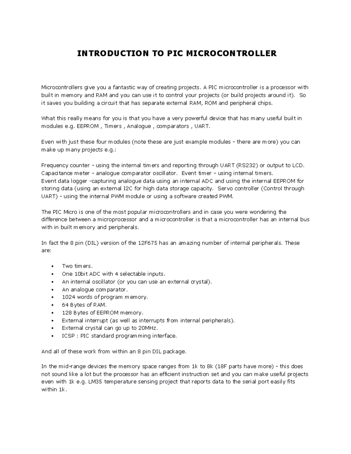 Introduction to PIC Microcontroller - INTRODUCTION TO PIC ...