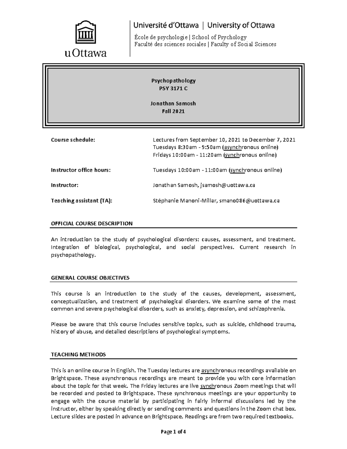 Syllabus PSY3171 C 2021 - Psychopathology PSY 3171 C Jonathan Samosh ...
