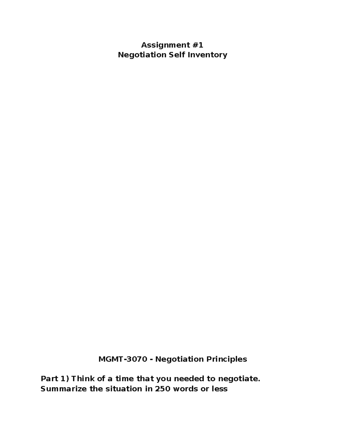 Assignment#1 3070 - Assignment # Negotiation Self Inventory MGMT-3070 - Negotiation Principles ...